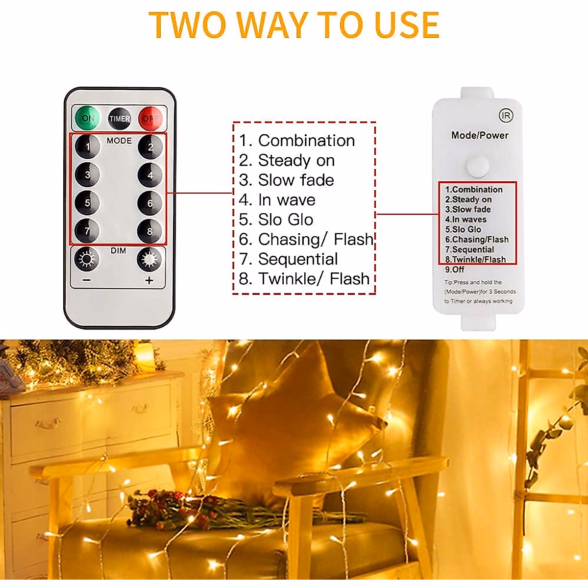 koopower Indoor String Lights, 69ft 200 LED Fairy Lights Plug in with Remote Timer 8 Modes Dimmable Outdoor Hanging Lights for Party, Christmas, Home Decoration, Garden, Patio Warm White