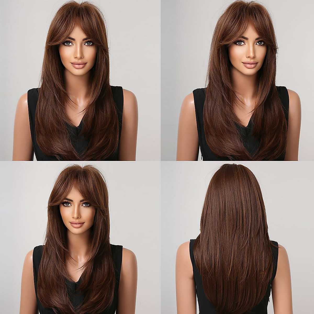 Doremiy Brown Wig with Bangs Natural Medium Length Straight Wigs for Women Heat Resistant Fiber Synthetic Wigs for Daily Cosplay