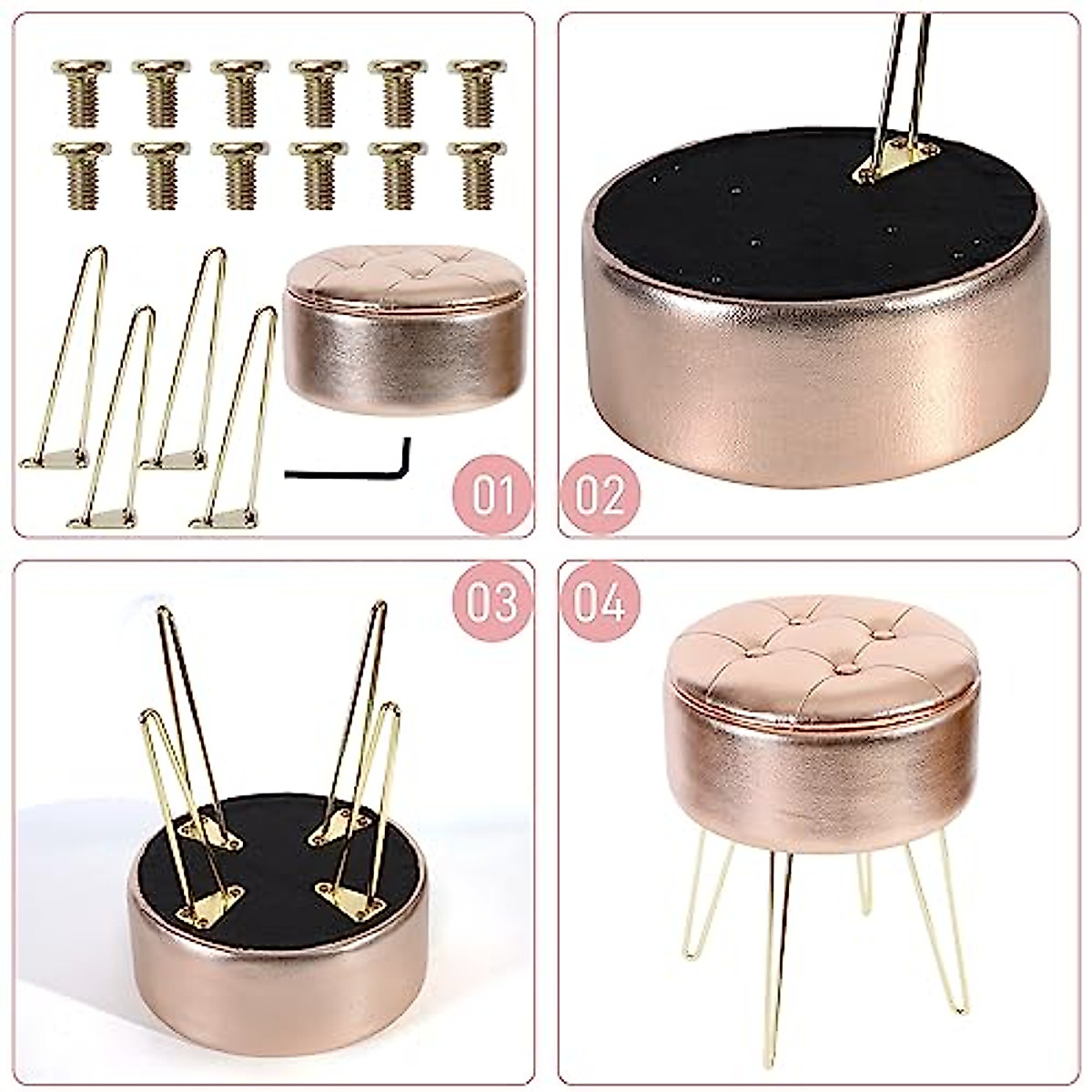 YAMILAN Velvet Round Storage Ottoman, Modern Foot Stool Vanity Stool with Metal Legs & Tray Top Coffee Table, Ottoman with Storage for Living Room Bedroom (PU Leather Light Gold)