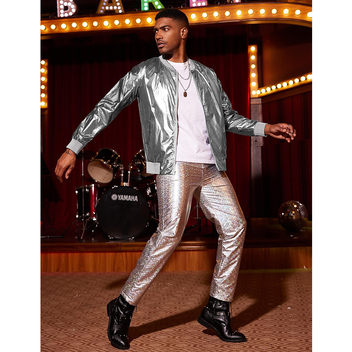COOFANDY Mens Coat Metallic 70s Disco Party Varsity Jacket Button Zip-up Baseball Bomber