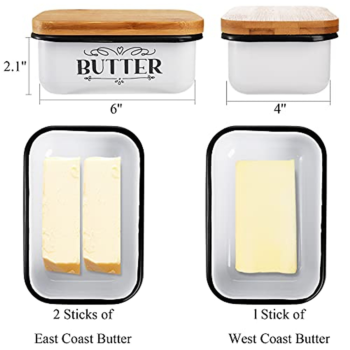 Yesland Butter Dish with Wooden Lid - Unbreakable Enamel Butter Container - Large Vintage Farmhouse Style Butter Keeper for 2 Sticks of Butter East or 1 West Coast Butter(White and Brown)