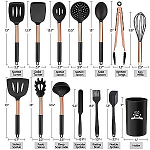 Silicone Cooking Utensil Set, 14pcs Kitchen Utensils Set Non-stick Heat Resistant Cookware Copper Stainless Steel Handle Cooking Tools Turner Tongs Spatula Spoon - BPA Free, Non Toxic