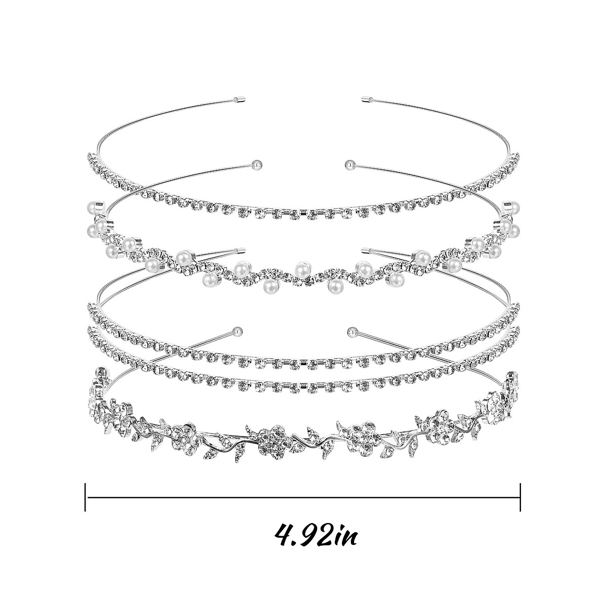 4Pack Bridal Headband Rhinestone Headbands Crystal Flower Girl Leaves Crown Head Band Tiara Wedding Hair Accessories, Silver