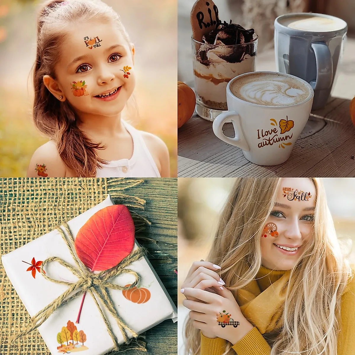 65 Pieces Fall Temporary Tattoos for Kids, 12 Sheets Autumn Harvest Thanksgiving Temporary Tattoo Stickers With Pumpkin Maple Leaves Squirrels Deer Design for Fall Party Decorations Favors Festival