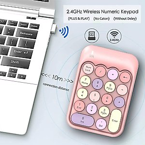 FELICON Wireless Numeric Keypad 18 Keys with 2.4G Mini Portable Silent Number Pad USB Receiver Financial Accounting Keyboard Extensions for Laptop Desktop PC Pro（Pink Mix）