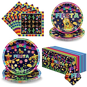 Mexican Fiesta Party Tableware Set,Mexican Party Supplies Decorations，Including 25 Disposable 9&7inch Paper Plates,25 Napkins and 1 Tablecloth for Fiesta Theme Birthday Party, 25 Guests