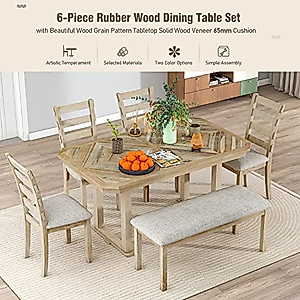 Merax 6-Piece Rubber Dining Table Set with 4 Cushioned Chairs and Bench, Beautiful Wooden Grain Pattern Tabletop, Natural Wood Wash-6pcs