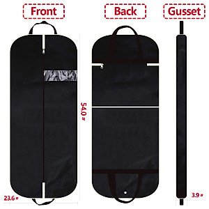 2 Pack 54" Gusseted Garment Bags with Extra Large Pockets for Travel, Breathable Foldable Suit Covers Mens Womens Hanging Bag for Clothes Shirts Dresses Coats, Black
