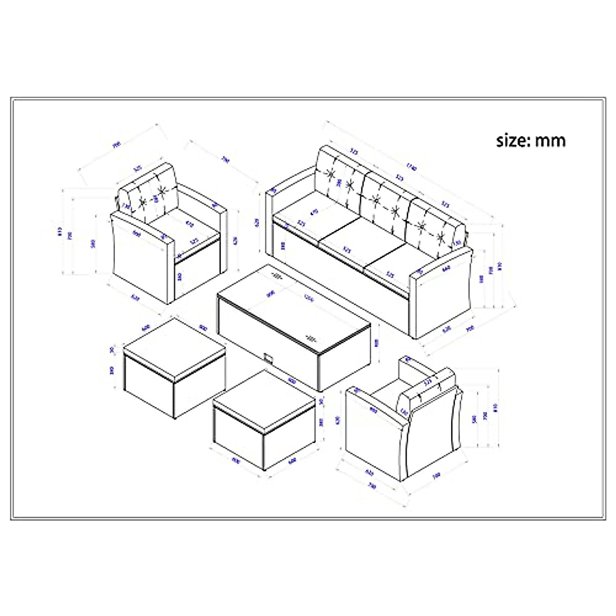 EMKK 6-Piece Patio Furniture All-Weather Wicker PE Rattan Outdoor Dining Conversation Sectional Set with Coffee Table, Sofas, Ottomans, Removable Cushions, Black+Beige