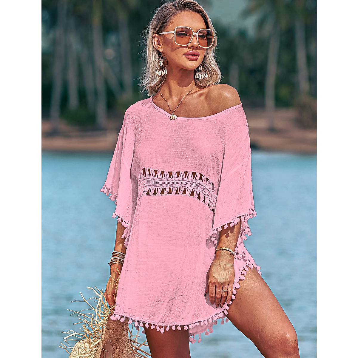 AI'MAGE Women's Crochet Chiffon Swimsuit Cover Up Summer Bathing Suit Bikini Pom Pom Beach Cover Ups Pink