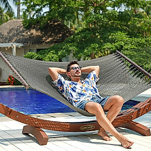 Lazy Daze Hammocks 10.5 FT Double 2 Person Caribbean Rope Hammock, Hand Woven Polyester Hammock with Spreader Bars, Extra Large Outside Outdoor Backyard Patio Poolside Hammock, 450 LBS Capacity, Gray