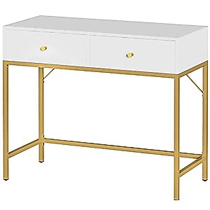 SUPERJARE Vanity Desk with 2 Drawers, Makeup Table with Golden Legs, Dressing Table for Bedroom, Computer Desk Wirting Console Table, Adjustable Feet, Metal Frame - White and Gold