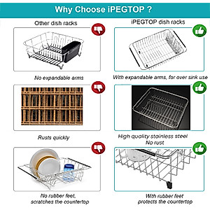 iPEGTOP Expandable Dish Drying Rack with Rustproof Stainless Steel Utensil Cutlery Holder, Over Sink Dish Rack Basket Shelf, Dish Drainer in Sink or On Counter