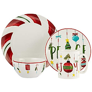 American Atelier Holiday Dinnerware Set – 16-Piece Christmas-Themed Stoneware Dinner Party Collection w/ 4 Dinner Plates, 4 Salad Plates, 4 Bowls & 4 Mugs – Unique Gift Idea for Christmas or Birthday