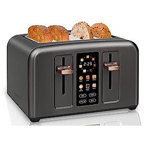 SEEDEEM Toaster 4 Slice, Full Touch control Toaster, LCD Display, 6 Bread Type, 7 Shade Settings, 1.4''Wide Slots，More Time Function, Removable Crumb Tray, 1800W, Dark Metallic