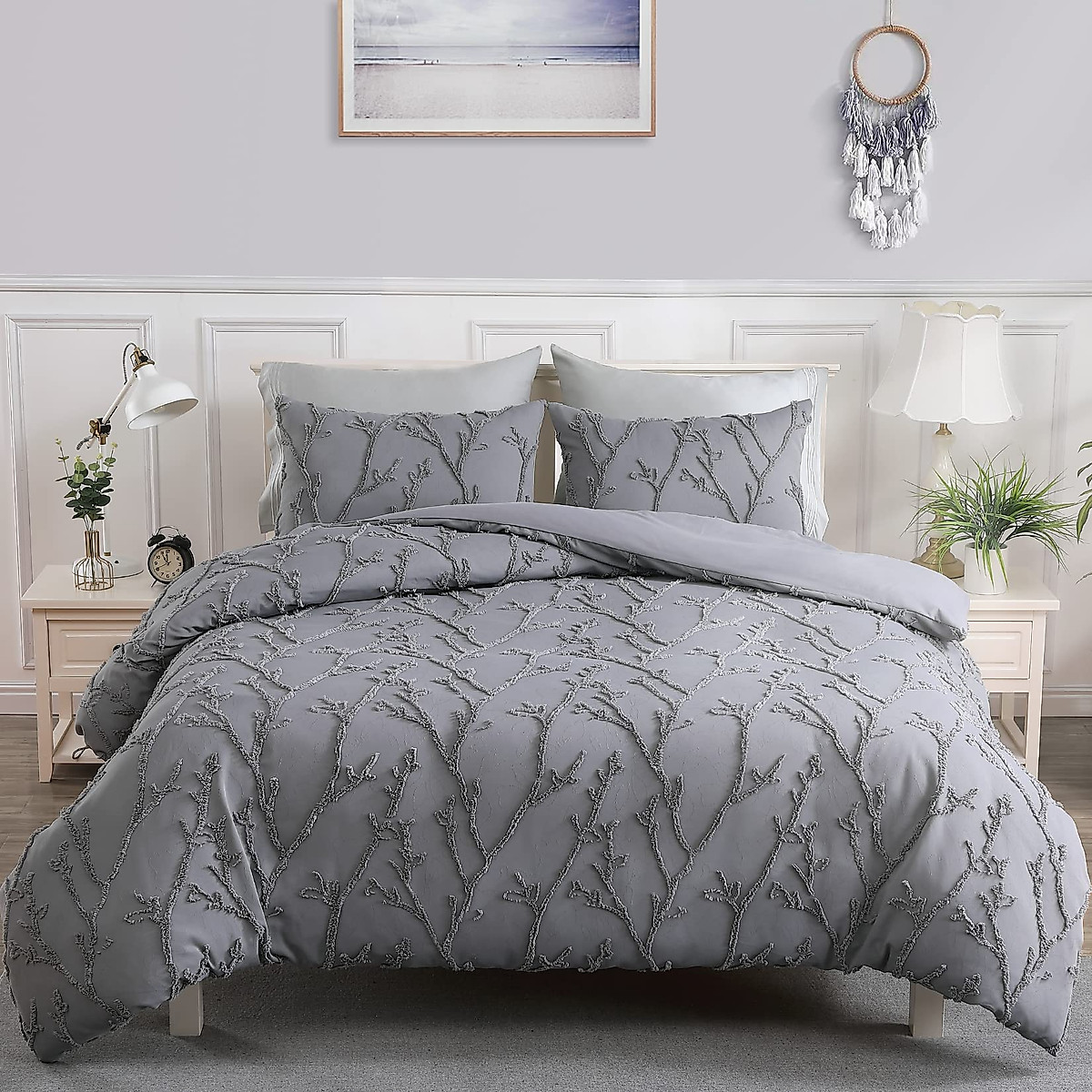 Queen Size Duvet Cover Set - 3-Piece Shabby Chic Branches Tufted Embroidery Duvet Cover Set for All Seasons, Grey, 90 x 90 Inch
