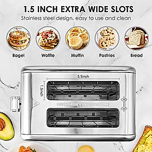 Toaster 2 Slice, REDMOND Stainless Steel Toaster with LED Countdown Timer Display, 1.5" Wide Slot Compact Toaster with Bagel/Defrost/Cancel Function, 6 Shade Control, Removable Crumb Tray, Silver