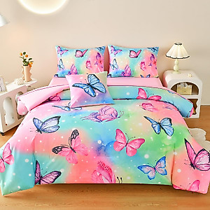 Tasselily Butterfly Bedding Set Full, Pink Butterfly Comforter Set for Girls Kids Teens 6 pcs Bed in a Bag Full Bedding Sets for Girls