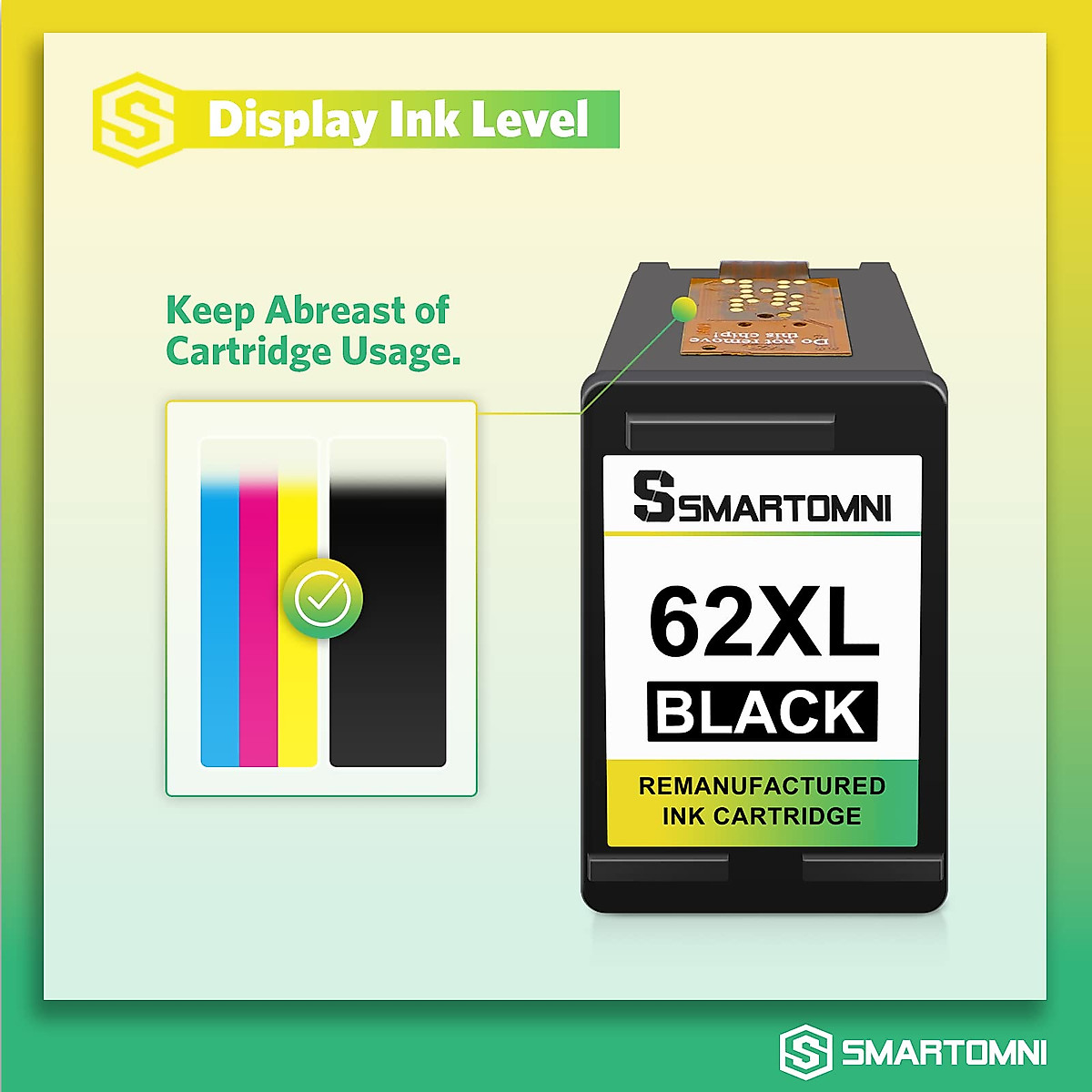 S SMARTOMNI 62XL Ink Cartridges Black and Color Replacement for HP Ink 62 62XL Cartridge Combo Pack High Yield for HP OfficeJet 200 250 Envy 5540 5660 5665 5740 7640 7645 (2 Pack, Black&Tricolor)