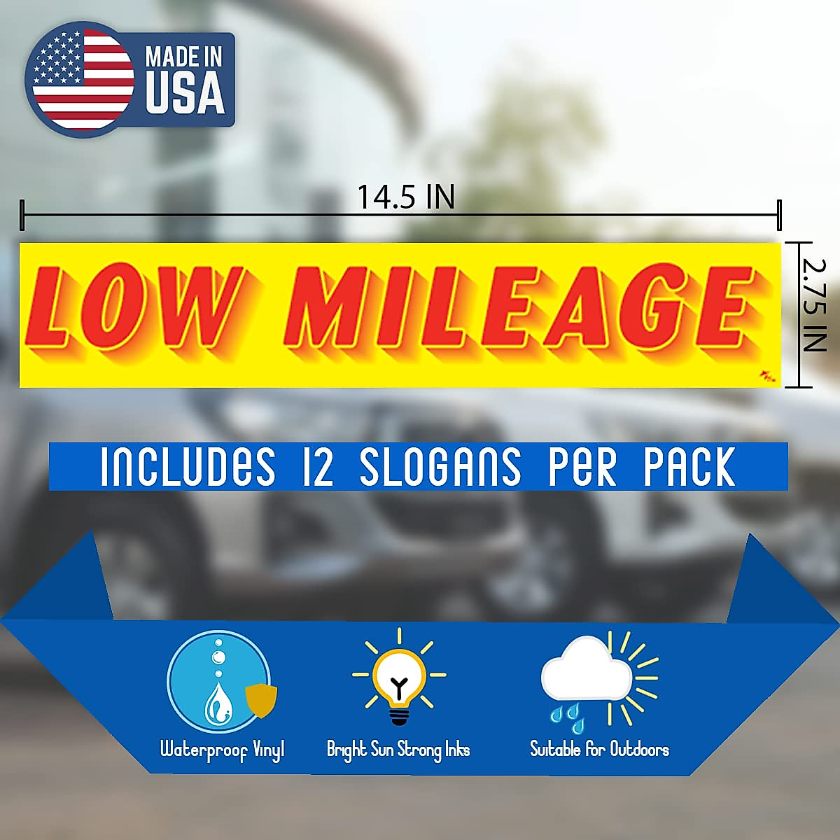 Versa-Tags Windshield Slogan Stickers 12 Pack Each of Low Mileage, Extra Clean, Down, Cash, Buy HERE Pay HERE (60) Window Stickers Total Dealership Stickers Red On Yellow