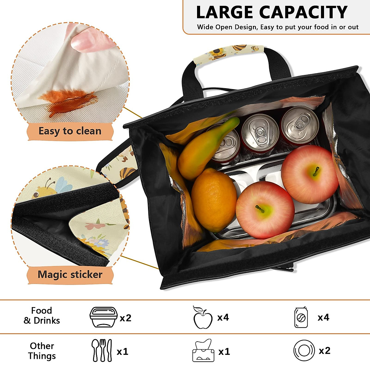 panksolu Sunflowers Bees Gnomes Lunch Bags for Women Insulated Leakproof Lunch Box Reusable Cooler Tote Bag with Adjustable Shoulder Strap for Work School Picnic