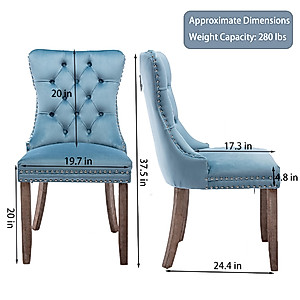 Rhomtree Set of 6 Velvet Fabric Dining Chairs Luxury Tufted Back with Nailed Trim and Back Ring Pull Home Kitchen Dining Room Chairs Armless Side Chairs Solid Rubber Wood Legs (Light Blue)
