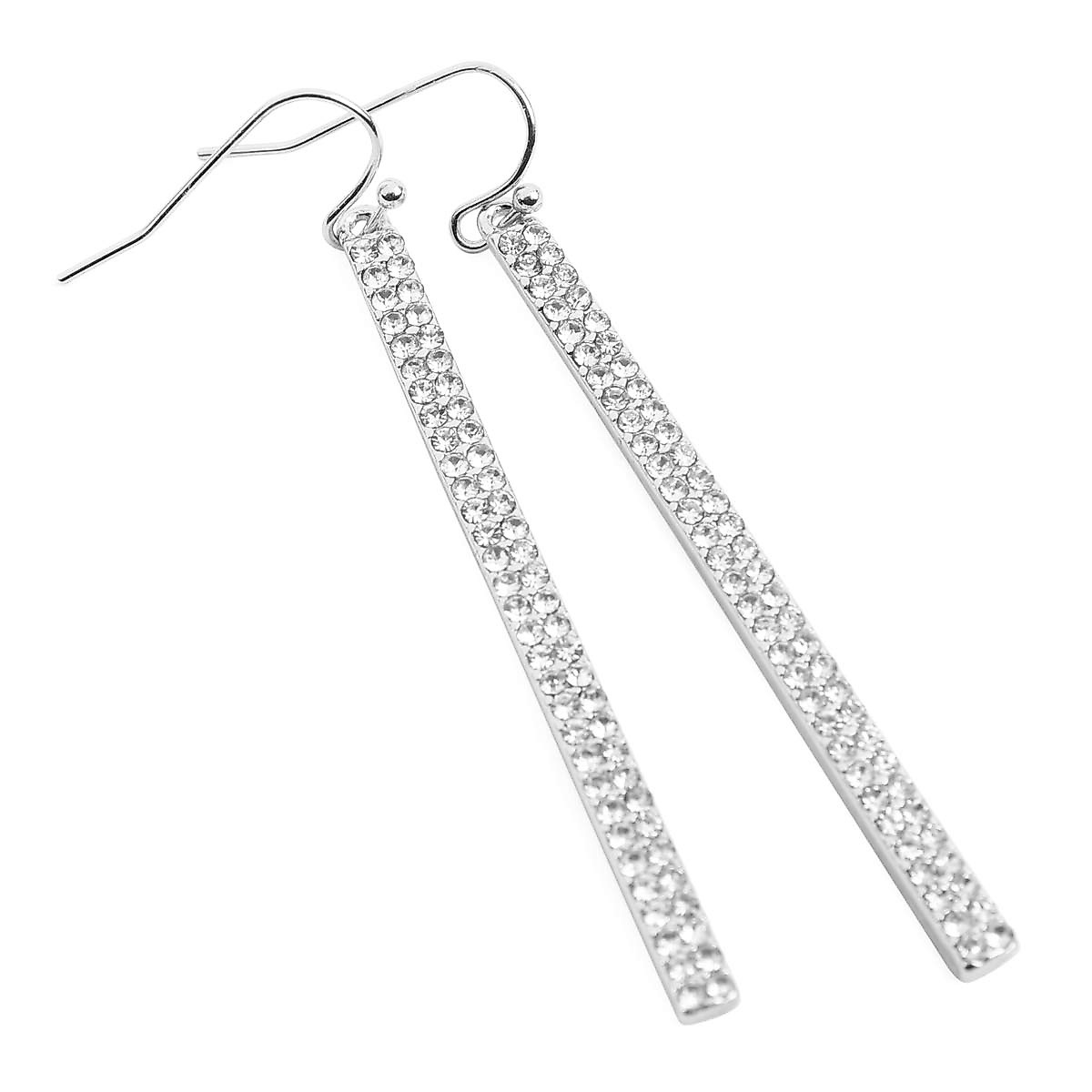 Sparkly Rhinestone CZ Lightweight Geometric Bar Statement Earrings - Multi Cubic Crystal, Acrylic Pearl Vertical Drop Dangles (Vertical Bar Drop - Silver Crystal)