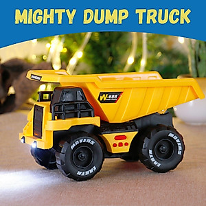 Big Construction Dump Truck Friction Powered Toy - 10-Inch Yellow Truck with Realistic Lights & Sounds, Lifting Bed, 4 Button Control Vehicle for Kids