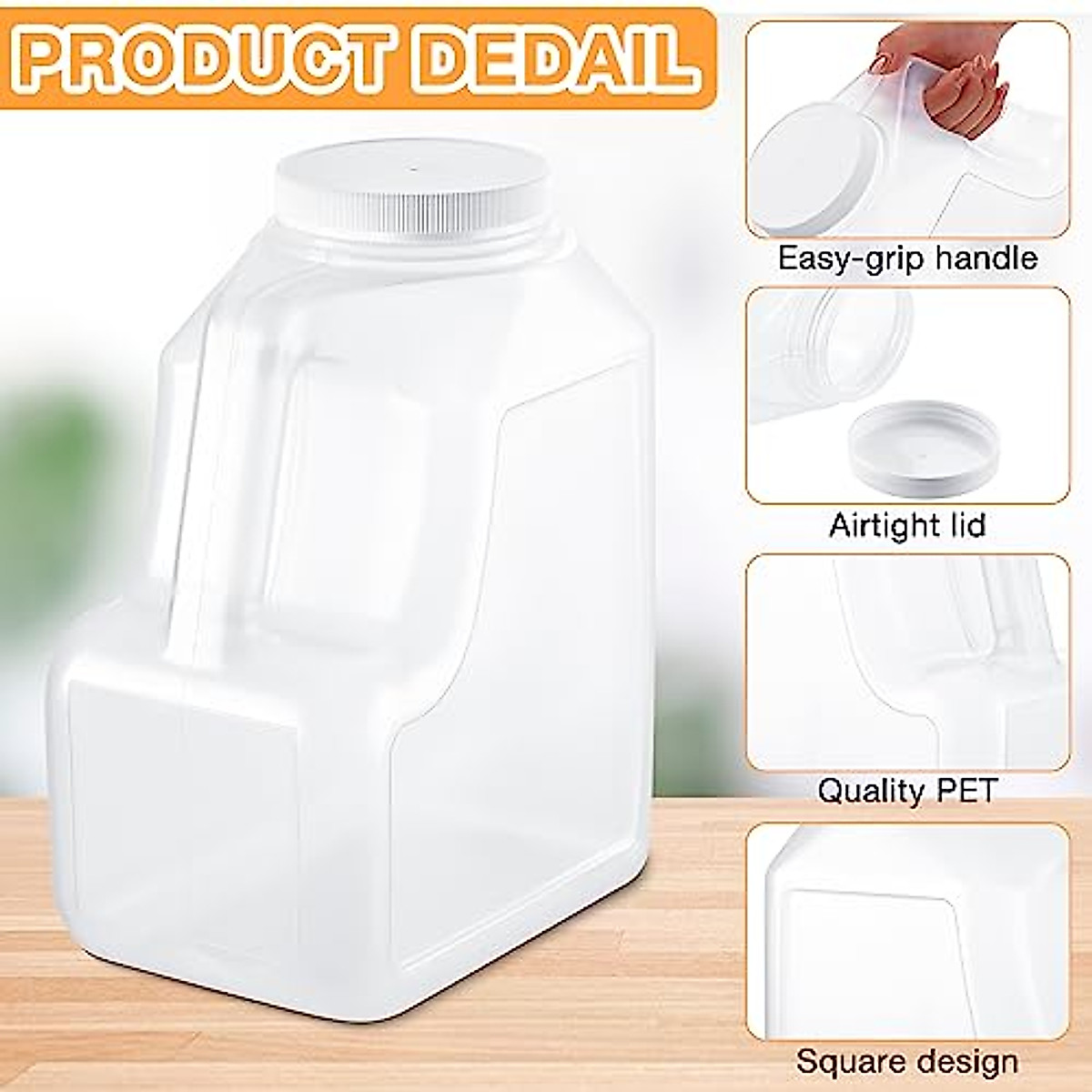 Gejoy 8 Pcs 1.2 Gallon Clear Plastic Gallon Jar with Handle and Airtight Lid Water Jug Square Empty Storage Containers Wide Mouth Gallon Jugs for Home Restaurant Residential Commercial Use