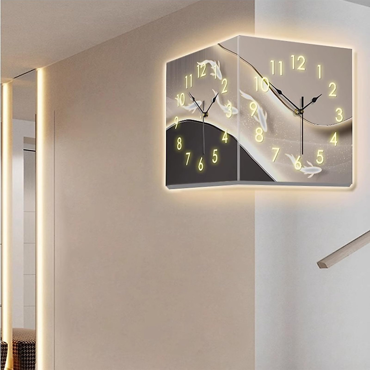 LTLWSH Modern Wall Clock, Nine Fish Figure Clock, Corner Painting Corner Clock, Double Sided Wall Clock, Sunny Corner Clock, Wall Clock Living Room Mural,C,with Light 40cm