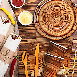 Xenorik Wood Grain Slice Paper Plates And Napkins Party Supplies For Birthday Baby Shower Wedding - Wooden Plates, Cup, Napkin, Fork, Lumberjack Camping Hunting Party Decorations Tableware | Serve 24