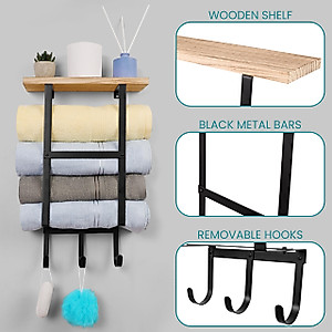 Belle Vous Wall-Mounted Towel Rack with Shelf and 3 Hooks - W13.5 x H21 Inches - Wooden Storage Shelf with Black Metal Bars for Towels - Folded/Rolled Towel Organizer Holder for Bathroom