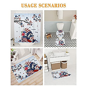 Fourth of July 4 Piece Shower Curtain Sets with Non-Slip Rugs, Toilet Lid Cover and Bath Mat, American Flag Stars Cute Gnomes Patriotic Theme Shower Curtain with 12 Hooks, Durable and Waterproof
