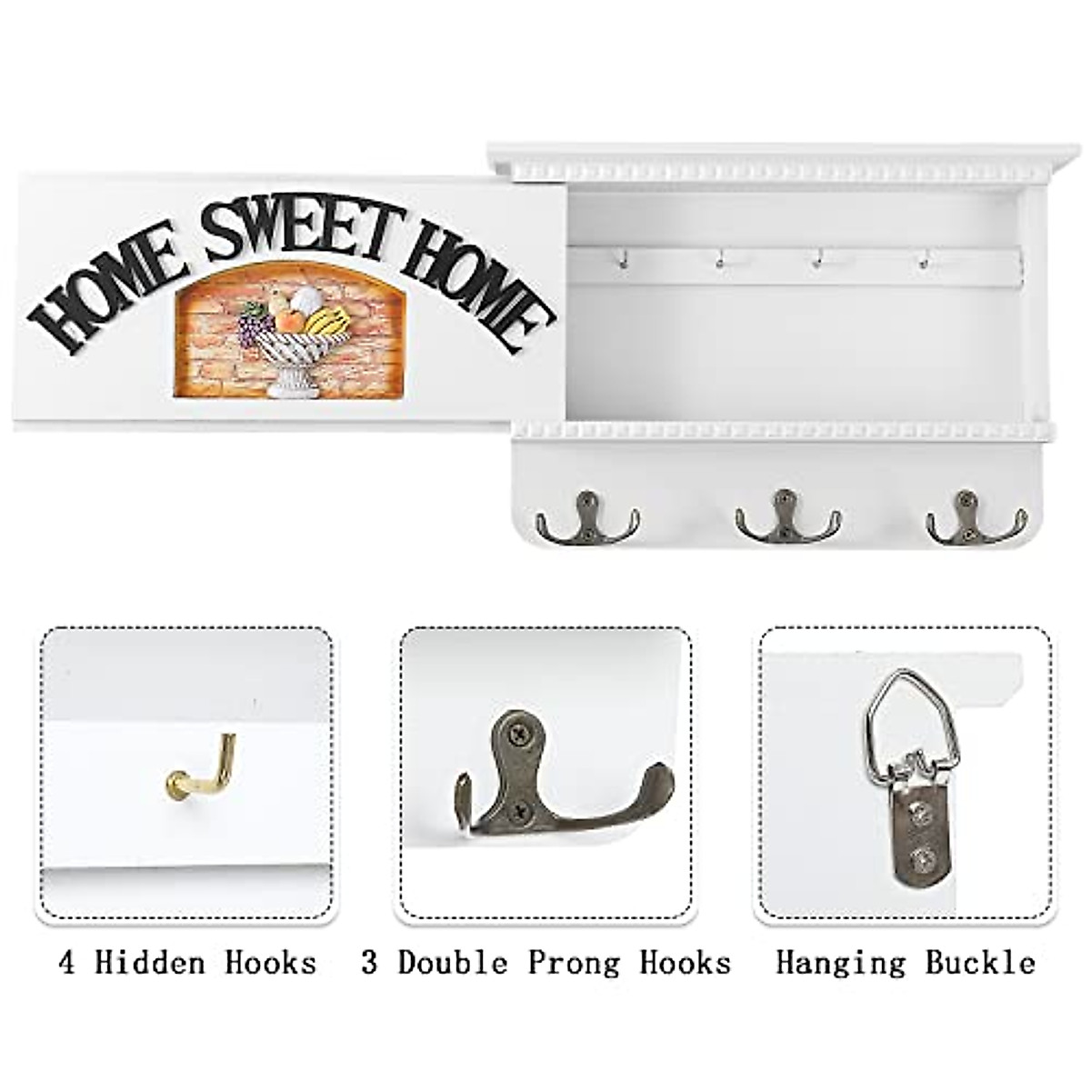 HRONRAD Farmhouse Key Holder for Wall Decorative, Home Sweet Home Decor, 3 Double Metal Key Hooks and 4 Hidden Push & Pull Cover Key Hangers, Rustic Wooden Wall Mounted Key Racks for Entryway (White)