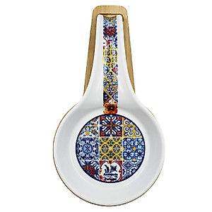 Portugal Tile Azulejo Themed Spoon Rest with Wooden Base - Various Colors (Red)