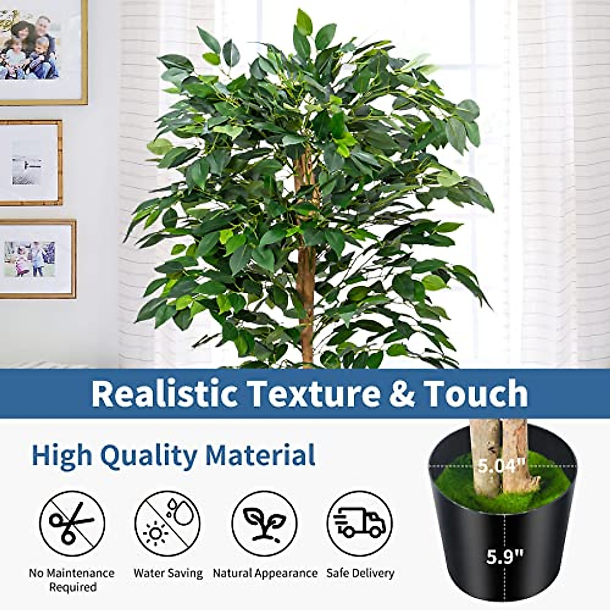 Aphighjoy Faux Plants Artificial Ficus Trees Eucalyptus Trees with Silk Leaves Fake Moss and Sturdy Nursery Pot, Fake Plants for Office Home Decor (5Ft - 1Pack, Upgraded Ficus Tree)