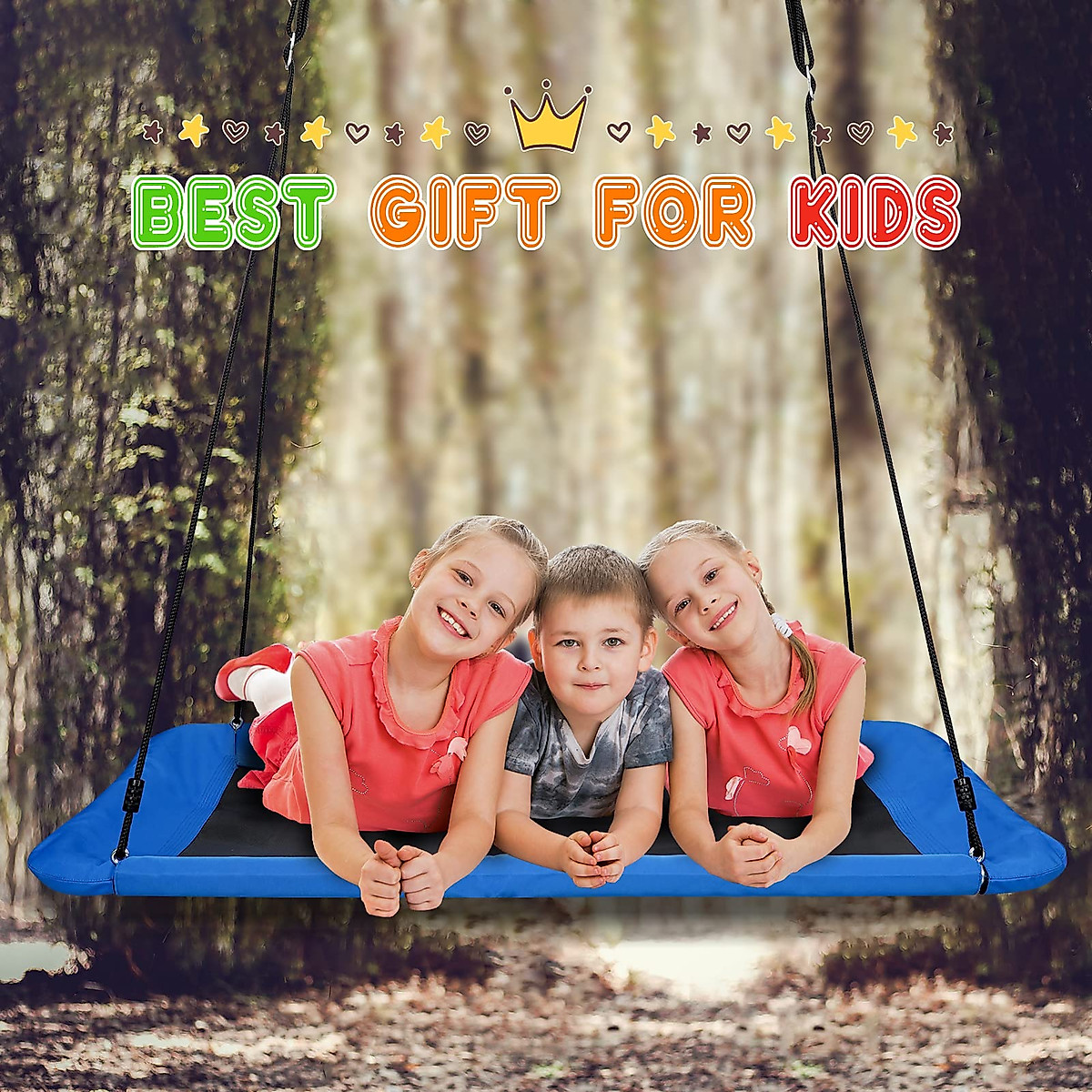 700lb Giant Platform Swing for Kids Adults with 2 Hanging Straps, Flying Saucer Tree Swing Set for Backyard Outdoor Indoor, Durable Steel Frame, Waterproof, Adjustable Swivel Ropes (Blue, Rectangle)