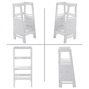 3 Height Settings Kitchen Step Stool for Toddlers and Kids with Safety Rails for Kitchen Counter Solid Wood (White, Height Adjustable)