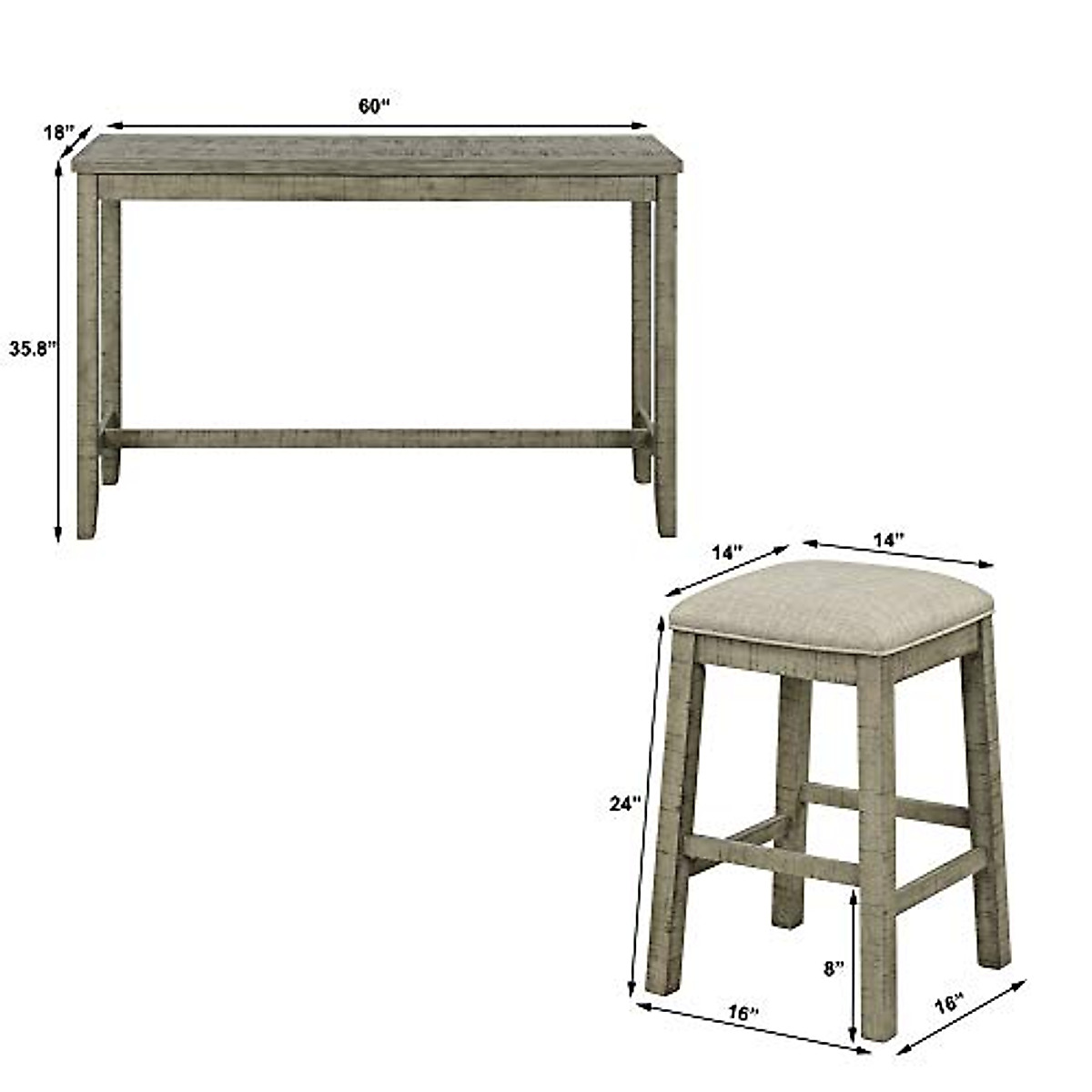 Quarte 4-Piece Counter Height Bar Table Set, Multipurpose Dining Room Set with Fabric Padded Stools and Socket,Wood Rustic Dining Set