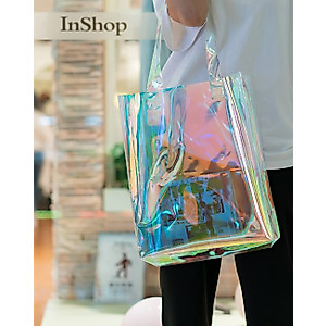 umbresen Clear Tote Bag, 2-Pack Holographic Rainbow Iridescent Handbag for Sports Fan Games, Work, Security Travel, Stadium Venues or Concert