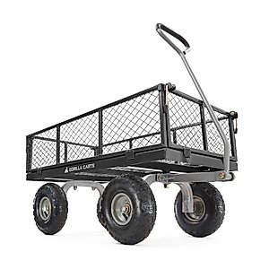 Gorilla Carts 800 Pound Capacity Steel Utility Cart, Flatbed Dolly Gardening Cart Outdoor Yard Wagon with Tow Handle and Removable Sides, Grey