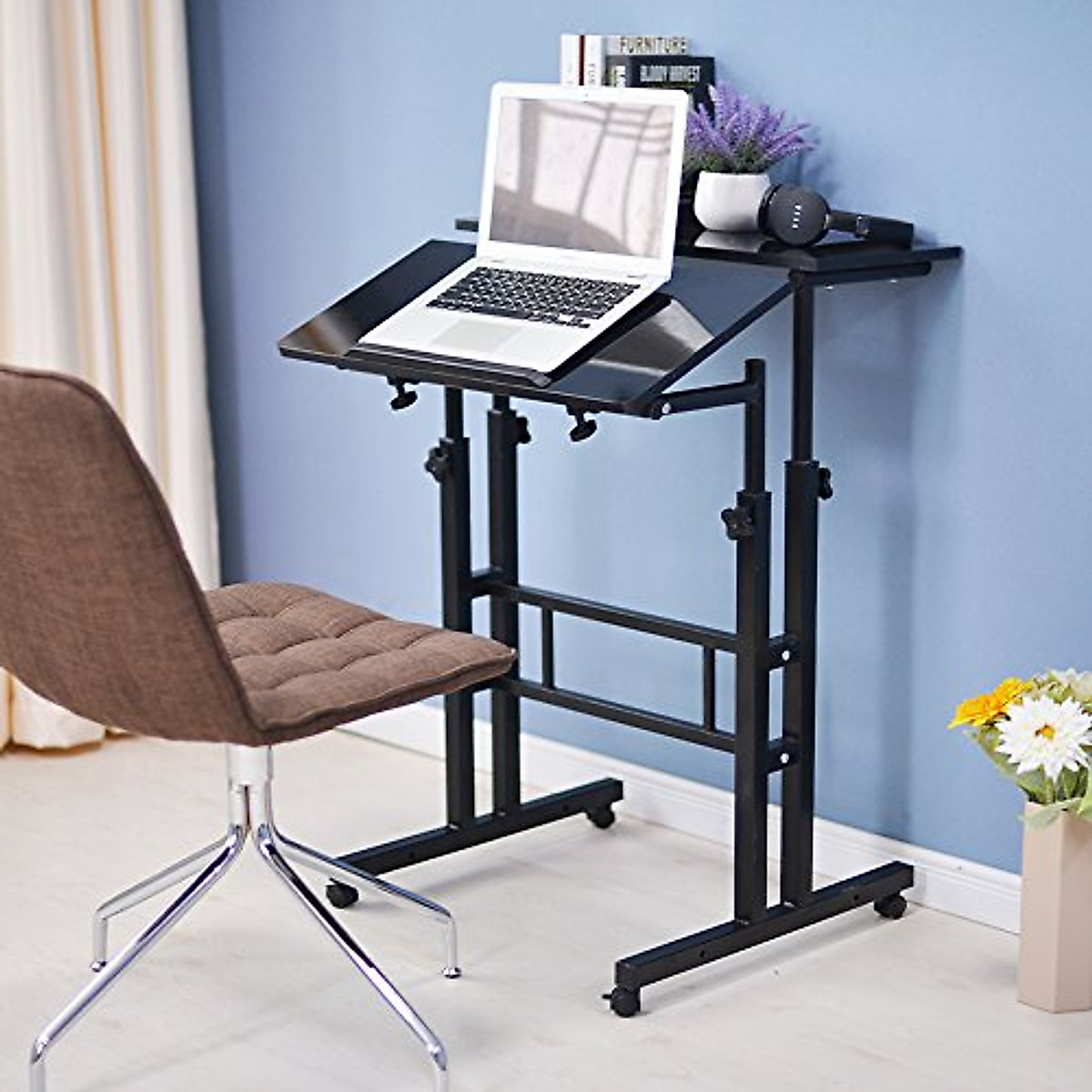soges Mobile Standing DeskAdjustable Height, Roling Sit-Stand Desk, Small Standing Computer Desk Workstation on Wheels, Sit Stand Up Desk for Home Office, Black