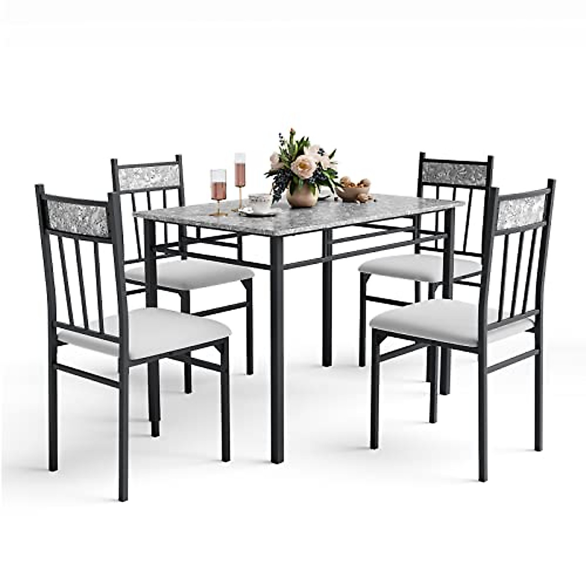 NAFORT 5-Piece Dining Table Set for 4, Vintage Rectangular Kitchen Table and 4 Chairs with Cushion Padded Seat, Metal and Wood Dining Set Kitchen Furniture, Marble Top