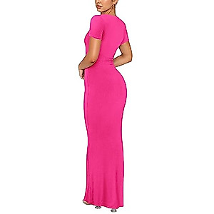 REORIA Women's Summer Sexy Casual Lounge Long Dress Elegant Wedding Guest Short Sleeve Crew Neck Bodycon Maxi Dresses Rose Red Medium