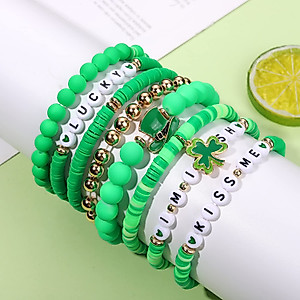 BVGA St. Patrick's Day Heishi Beaded Stretch Bracelets Set for Women Girl Holiday Shamrock Clover Green Leaf Lucky Charm Stretch Bracelets Jewelry Set for Party Parade 6 Pieces