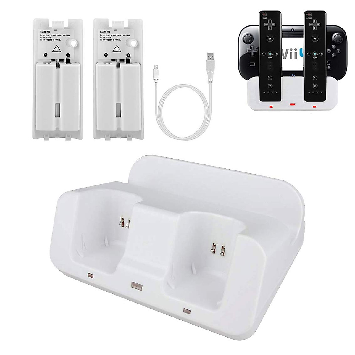 Wii U Charger Dock Station for Wii Remote & Wii U Gamepad with 2 Rechargeable Batteries Charging Cable Led Indicator -White