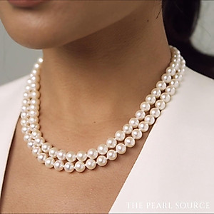 The Pearl Source 14K Gold 7-8mm AAA Quality Double Strand White Freshwater Cultured Pearl Necklace for Women in 18-19" Princess Length