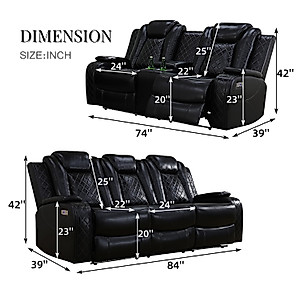 Caberryne Leather Recliner Sofa Set with LED Lights,Power Reclining Sofa and Loveseat Set with USB Port/Wireless Charger/Cup Holder for Living Room/House/Home Theater(2 Piece Set,Black)