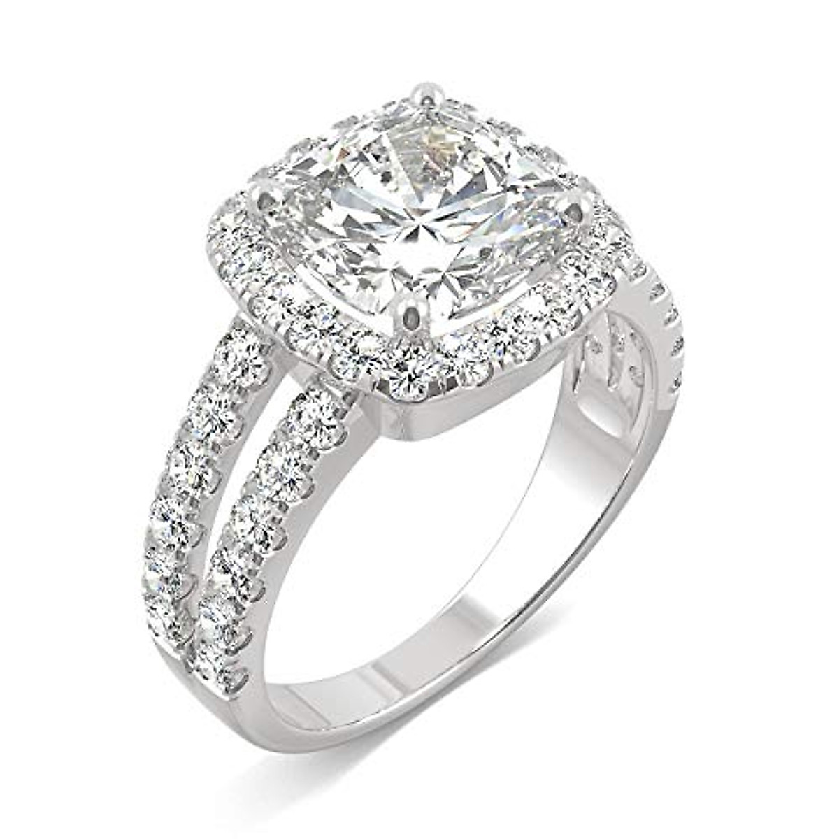 Charles & Colvard Created Moissanite 9mm Cushion Cut Engagement Ring for Women | 4.24 cttw DEW | Lab Grown | Solid 14K White Gold with Rhodium | Size 7.5