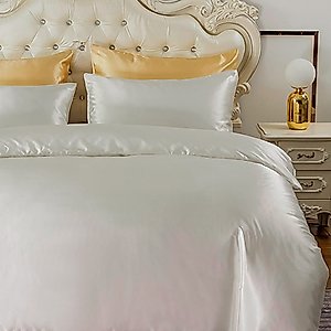 Vagasi White Duvet Cover Set Queen Size 3 Pieces - Comforter Cover Super Soft with 2 Pillow Shams - Satin Bedding Set Breathable & Smooth with Zipper Closure